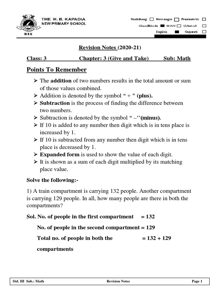 STD 3 - MATHS - CH 3 - Revision Notes | PDF | Numbers | Arithmetic