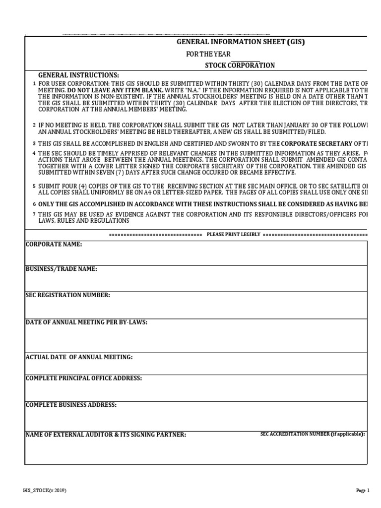 Stock Corporation General Instructions:: General Information Sheet (Gis ...