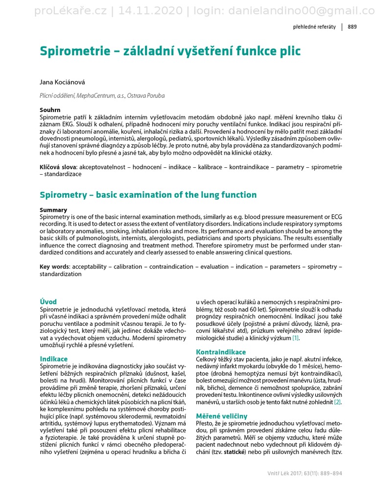 VL - 2017 11 - Spirometrie Zakladni Vysetreni Funkce Plic 62550 | PDF