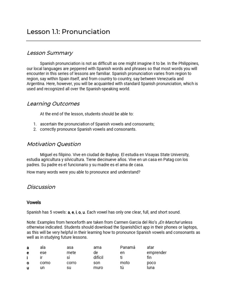Lesson 1.1 Pronunciation PDF | PDF | Spanish Language | Human Communication