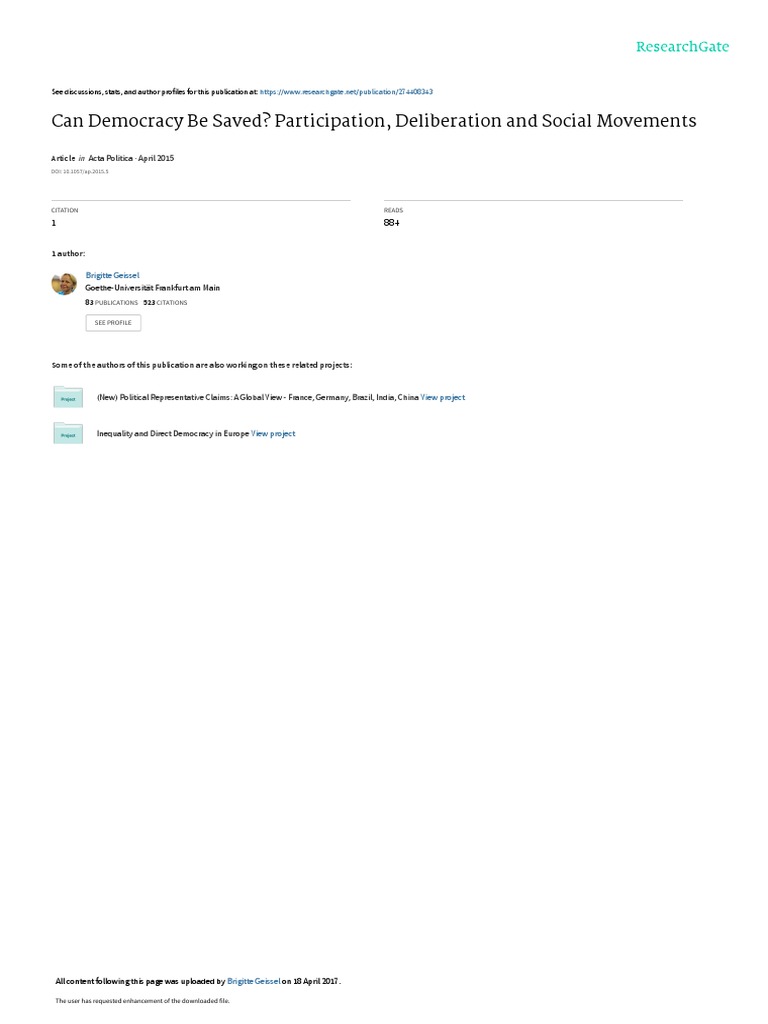 Can Democracy Be Saved? Participation, Deliberation and Social ...