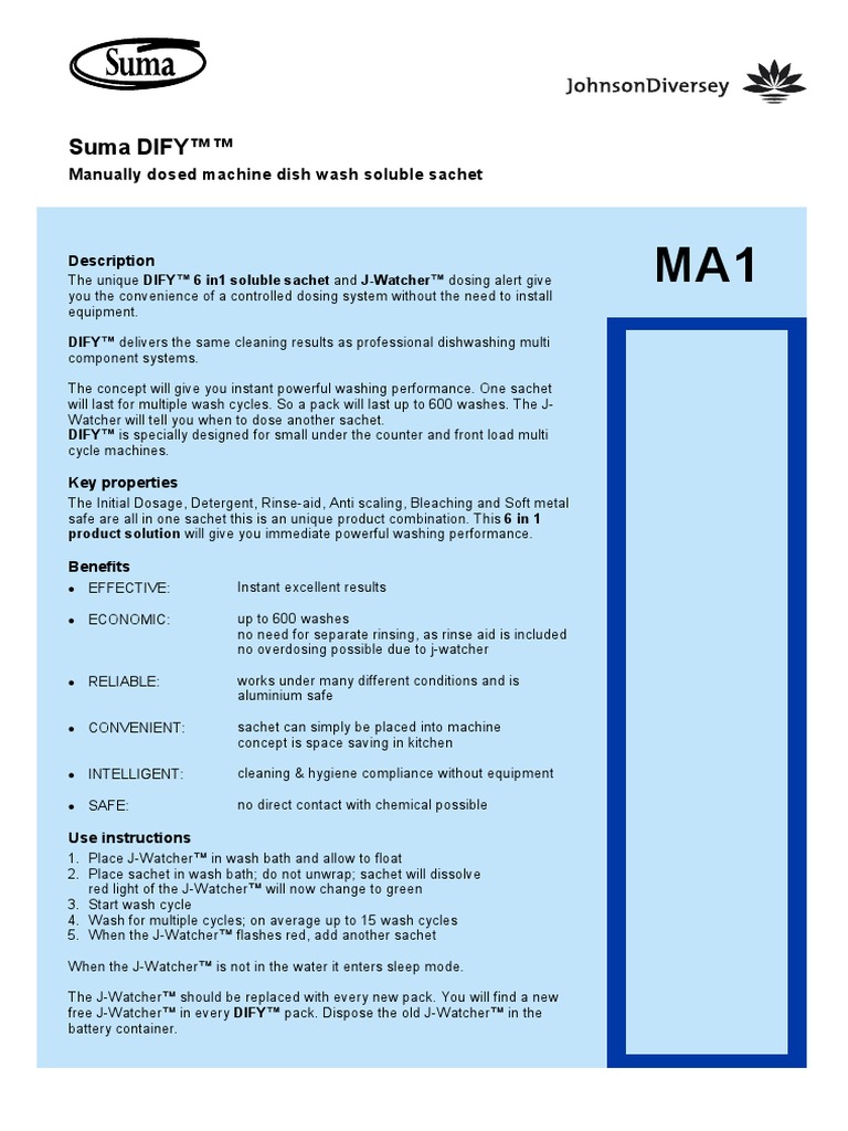 Suma DIFY™™: Manually Dosed Machine Dish Wash Soluble Sachet | PDF ...