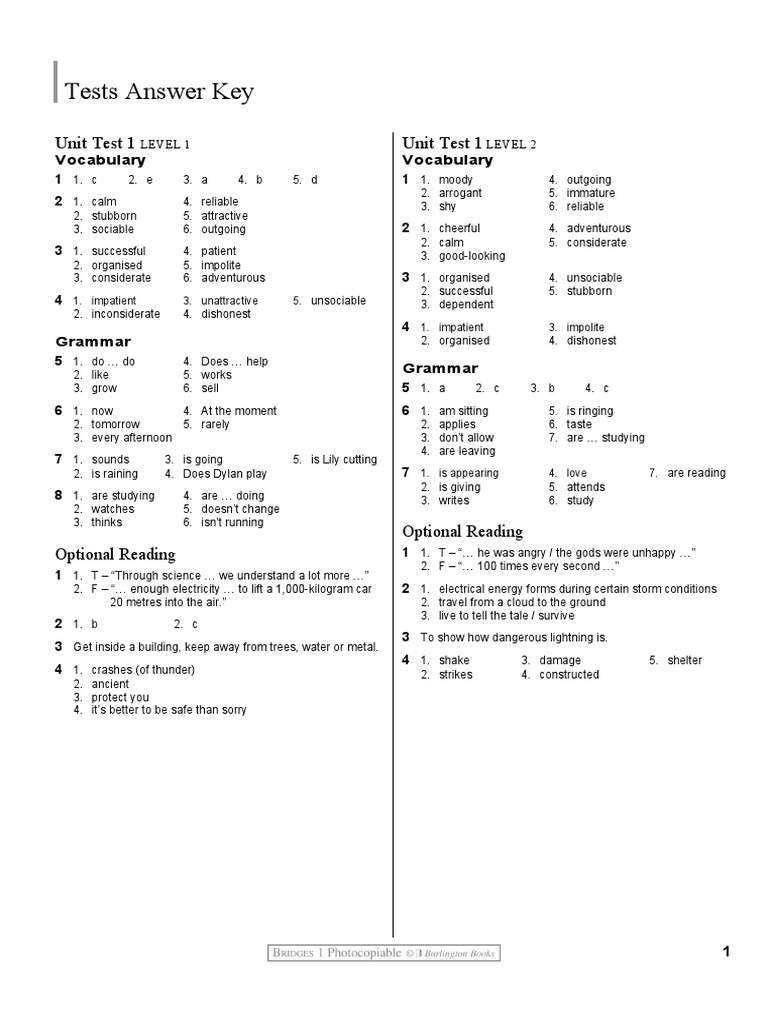 Unit Test 1 Answer Key: Vocabulary, Grammar, and Reading Comprehension ...