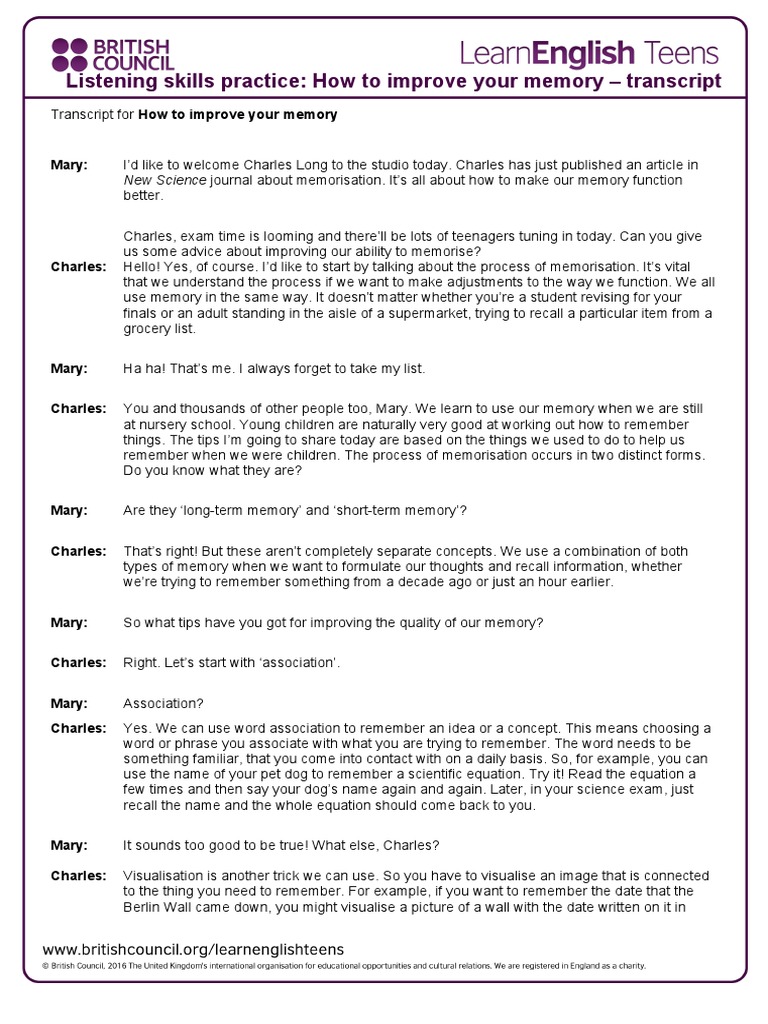 Listening Skills Practice: How To Improve Your Memory - Transcript ... Listening Skills Practice: How To Improve Your Memory - Transcript ...