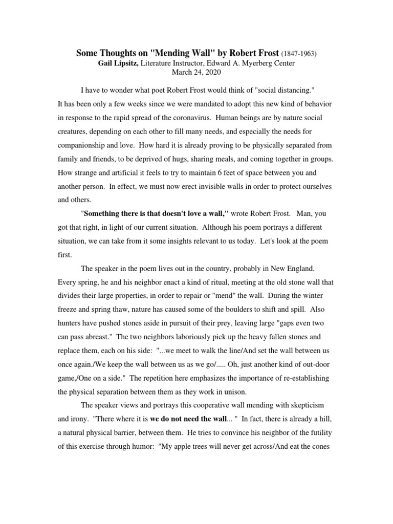 Robert Frost Mending Wall Commentary PDF | PDF | Wall