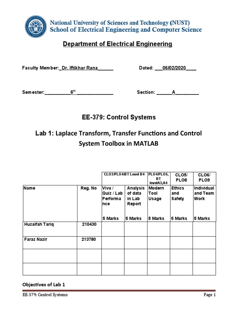 Lab Report 1 | PDF | Laplace Transform | Matlab