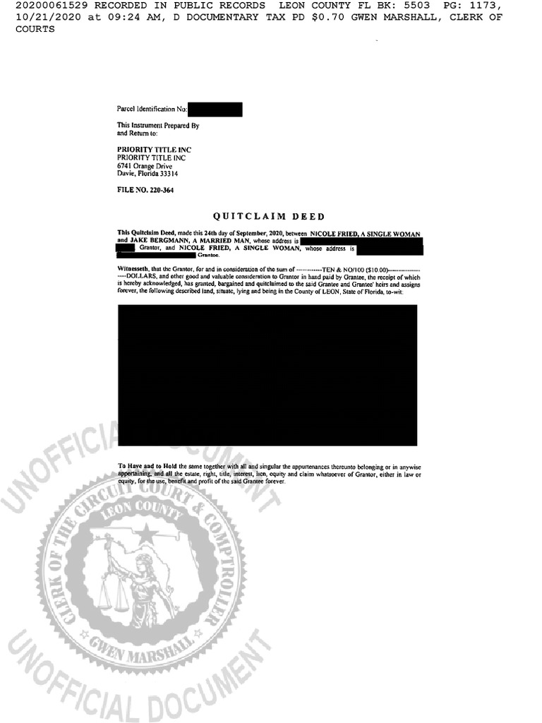 Quit Claim Deed From Jake Bergmann To Nikki Fried | PDF