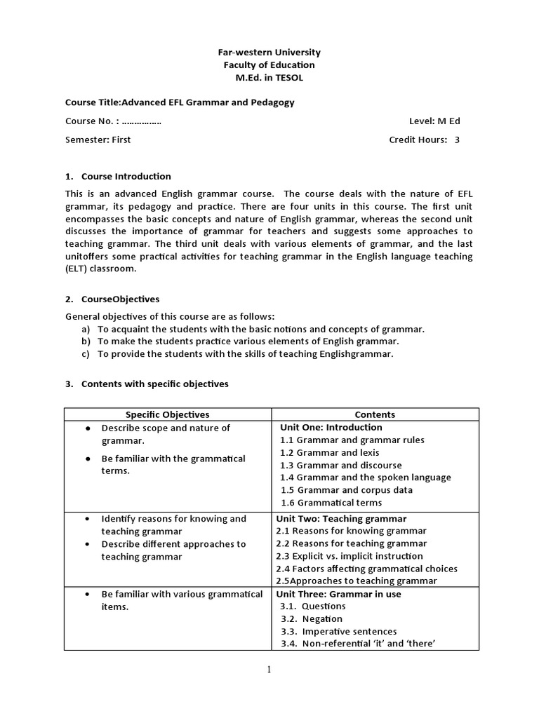 M ED Englsih I Advanced EFL Grammar and Pedagogy | PDF | Clause | Verb