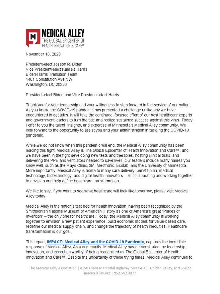 Medical Alley Association To Joe Biden | PDF | Health Care | Health ...