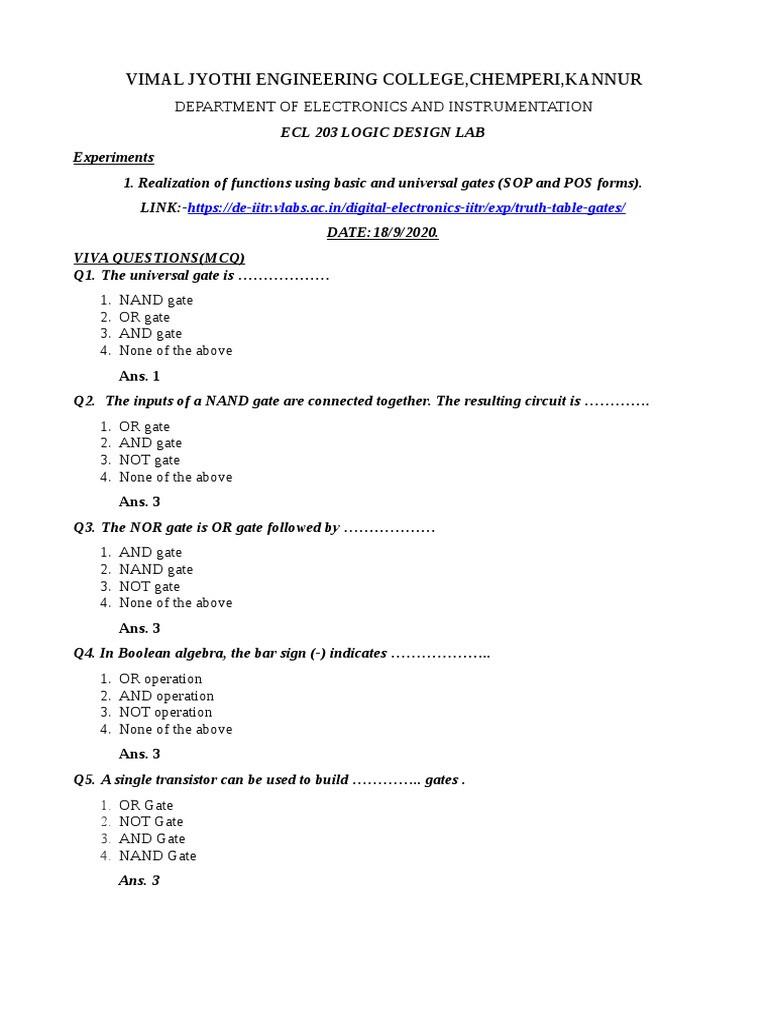12.1 Virtual Lab Link and Viva Questions (MCQ) For PART A | Download ...