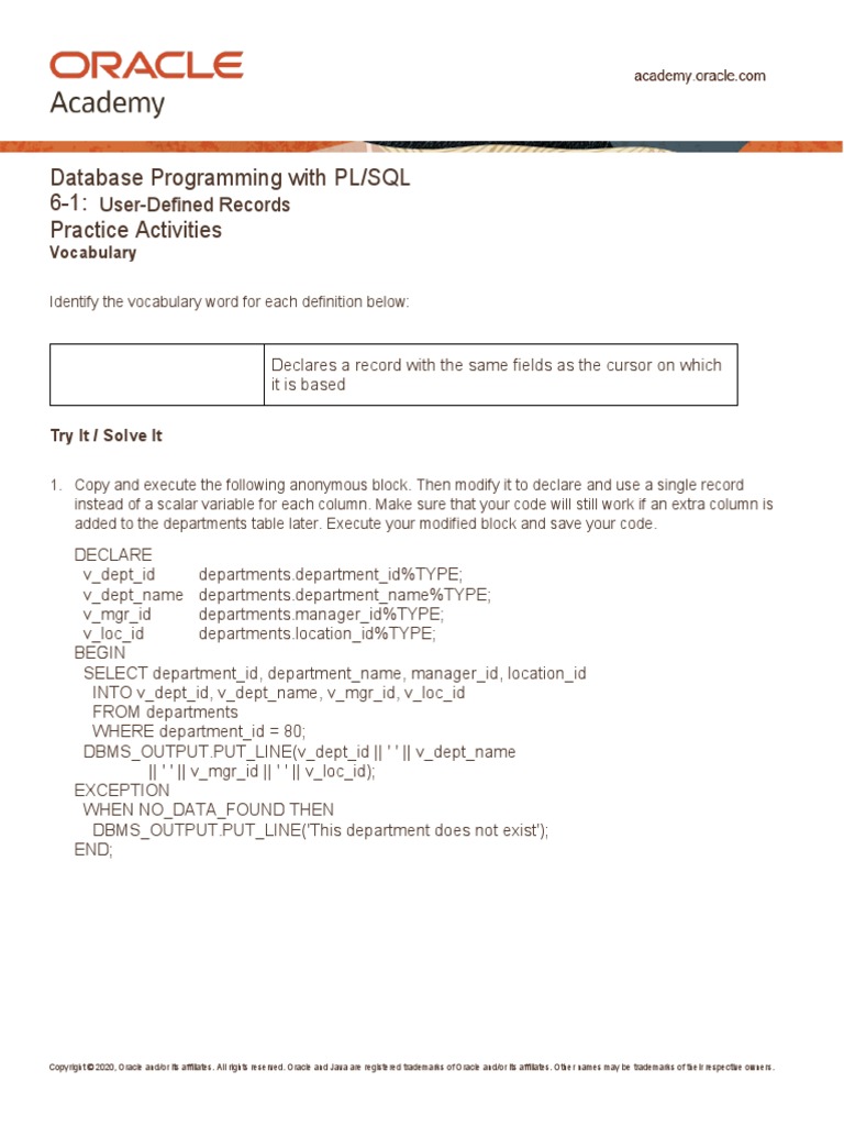 Database Programming With PL/SQL 6-1: Practice Activities: User-Defined Records | PDF