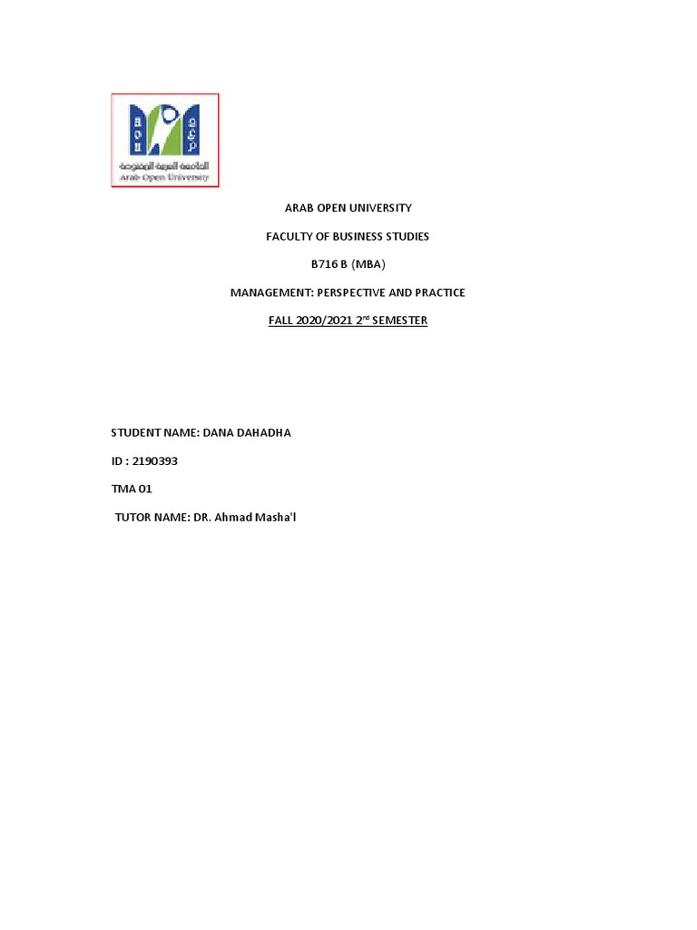Arab Open University Faculty of Business Studies (MBA) B716 B ...