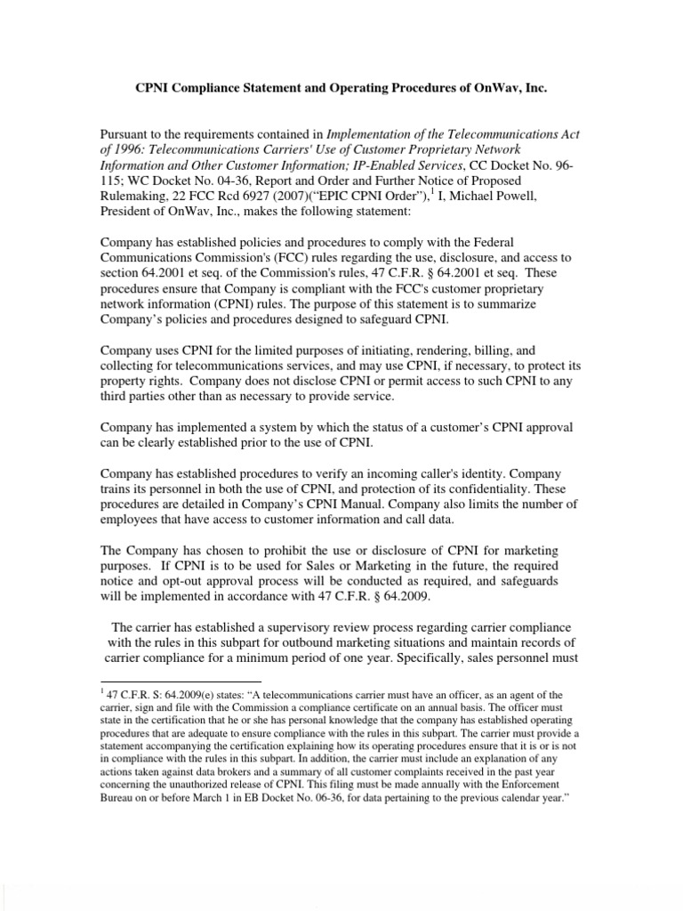 OnWav 2011 CPNI Statement | PDF | Customer Proprietary Network ...
