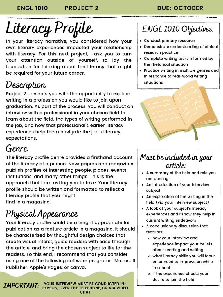 Engl 1010 Project 2 Literacy Profile Assignment Sheet | PDF | Literacy ...