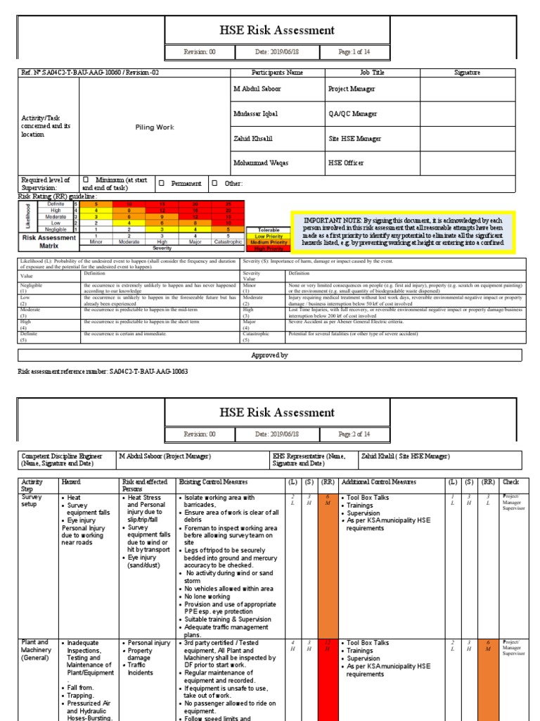HSE Risk Assessment: Piling Work | PDF | Personal Protective Equipment ...