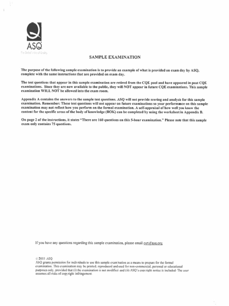 ASQ 75 Question Sample Exam (Includes Answer Sheet But Without Problems ...