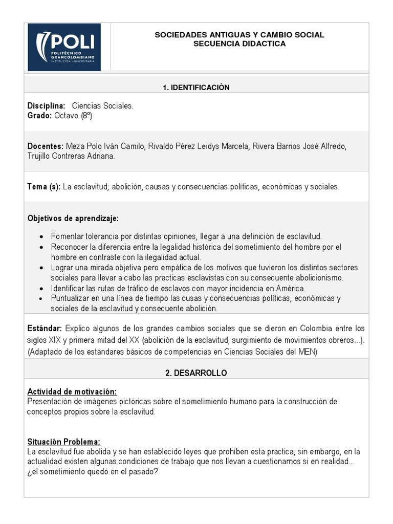 Secuencia Didáctica sobre Esclavitud | PDF | Abolicionismo | Esclavitud