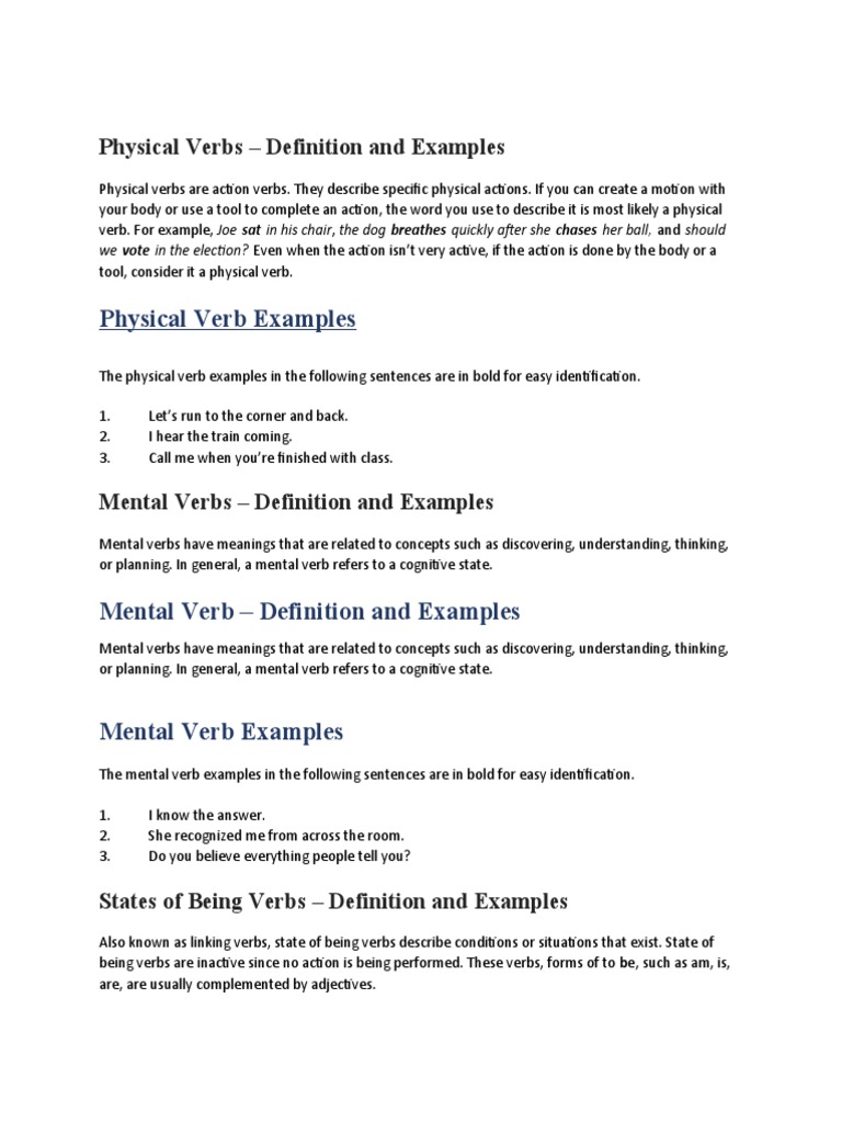 A Comprehensive Overview of Verb Types: Physical, Mental, States of ...