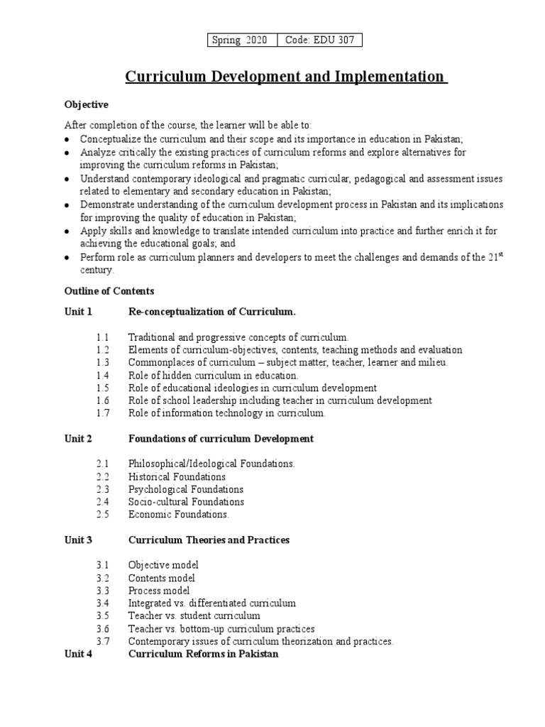 Curriculum Development and Implementation EDU 307 | PDF | Curriculum | Teachers