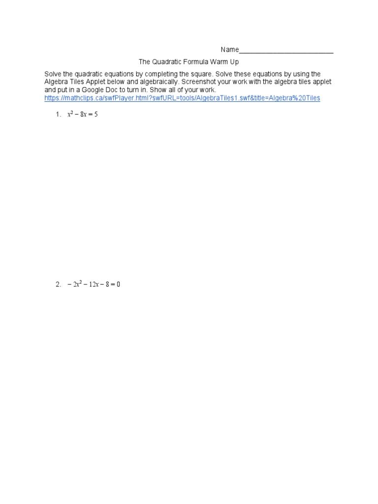The Quadratic Formula Warm Up | PDF