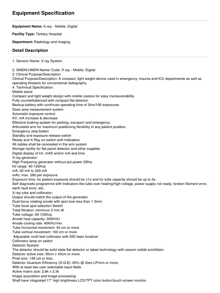 Equipment Specification: Detail Description | PDF | X Ray | Vacuum Tube