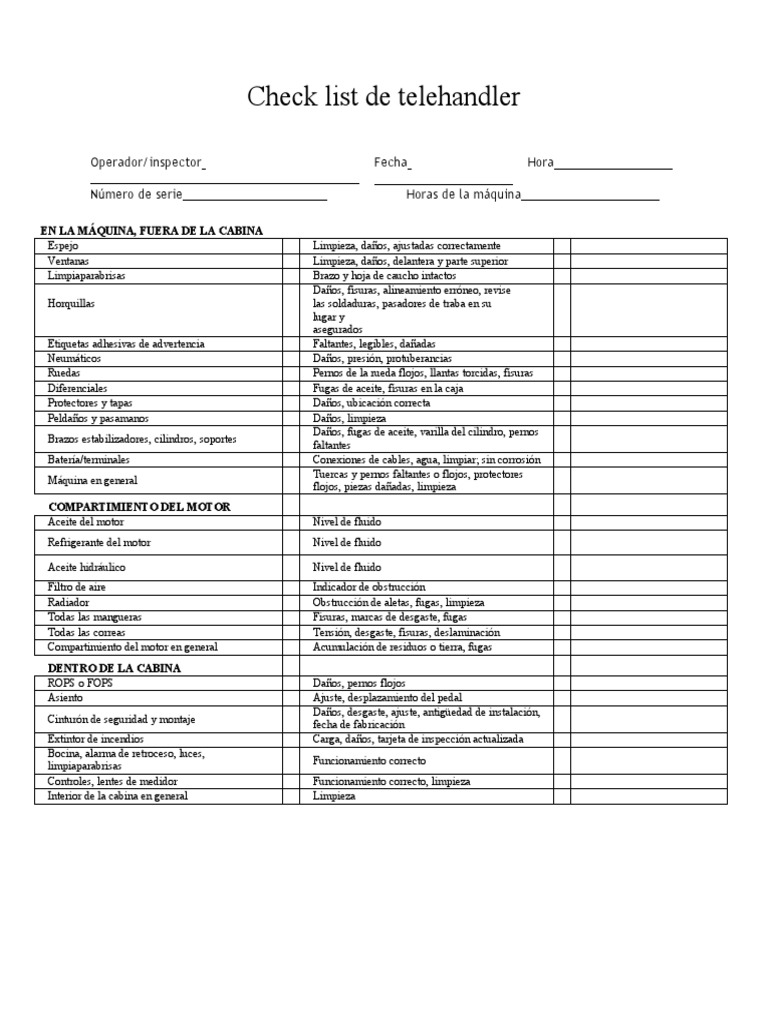 Checklist Telehandlers CAT | PDF | Vehículos terrestres | Vehículo de motor