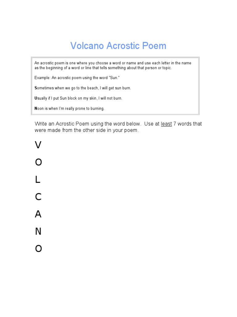 Volcano Acrostic Poem: V O L C A N O | Download Free PDF | Volcanism ...