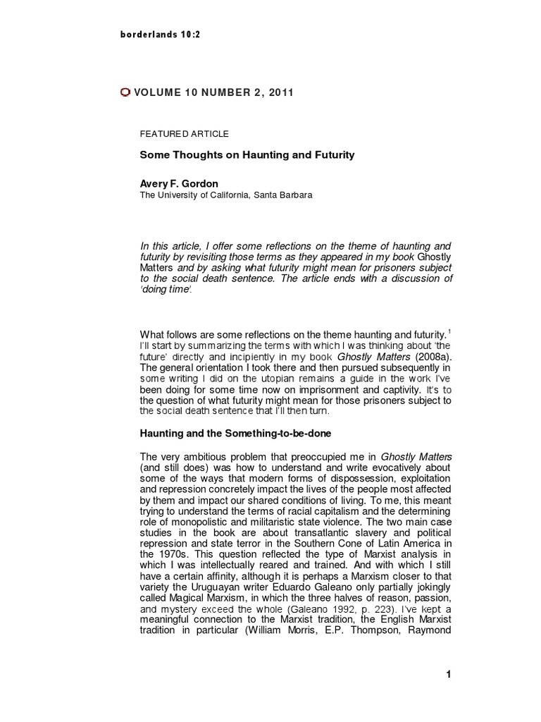 Avery Gordon - Some Thoughts On Haunting and Futurity PDF | PDF