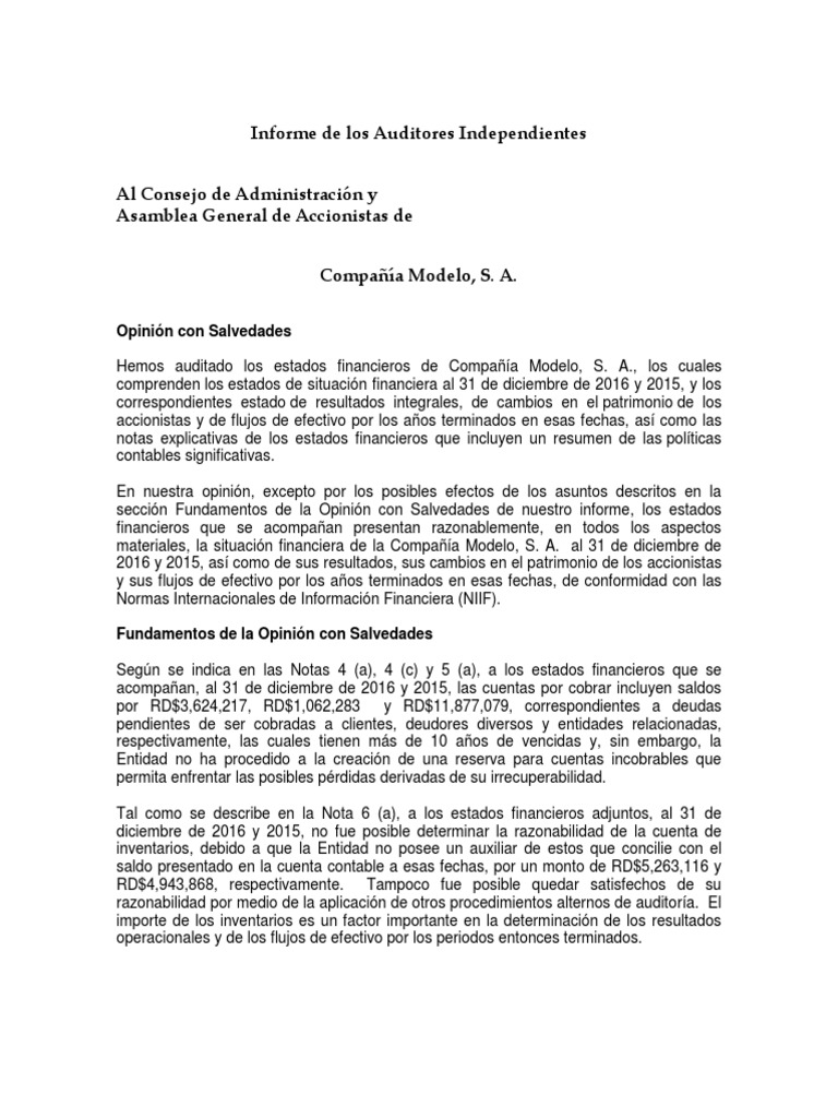 Informe de auditoría independiente de Compañía Modelo S.A. con opinión con salvedades | PDF ...