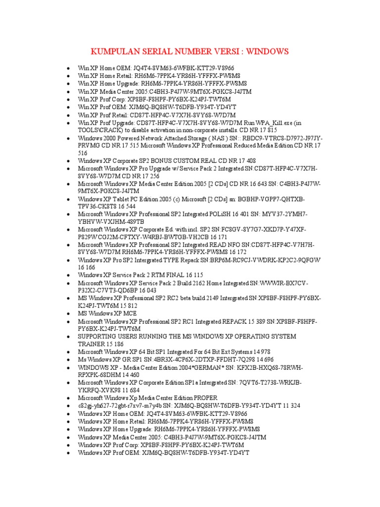 Kumpulan Serial Number Windows XP | PDF | Windows Xp | Microsoft Windows