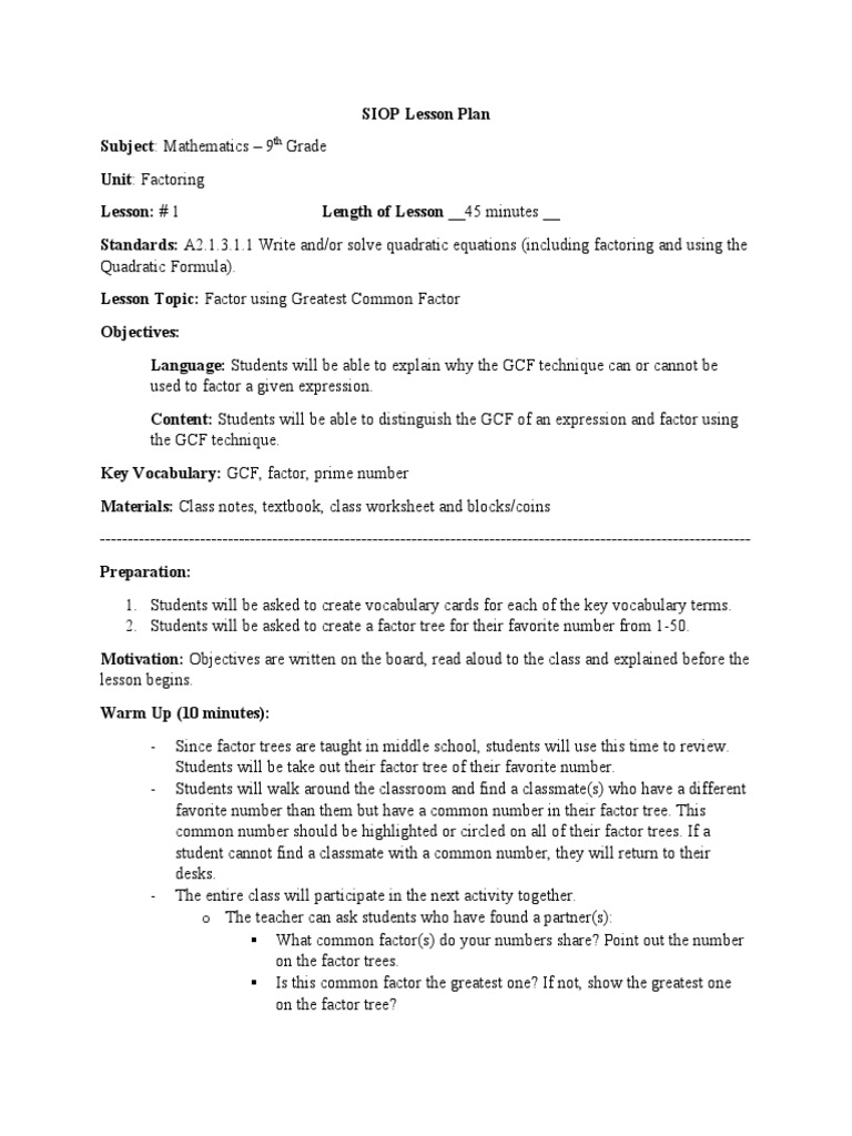 Siop Lesson Plan - Level 1 Student | PDF | Lesson Plan | Teachers