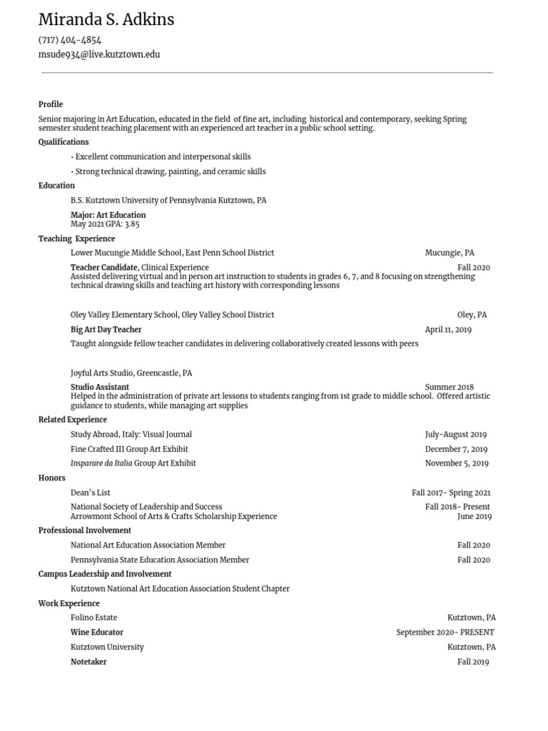 Miranda Adkins Resume | PDF | Teachers | Teaching