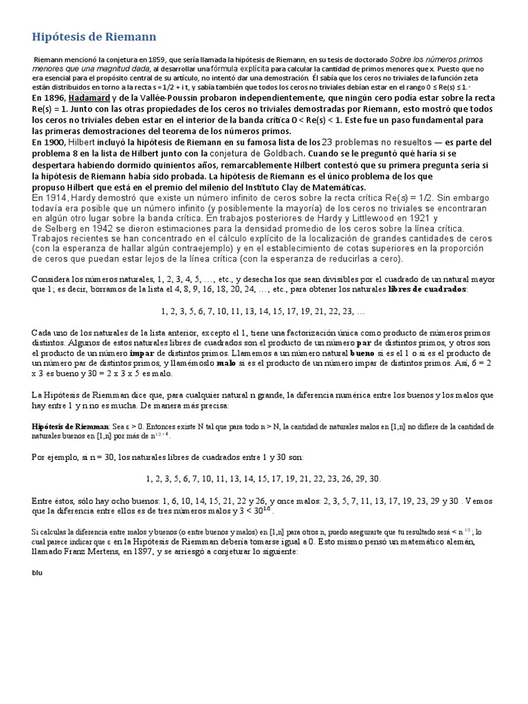 Hipótesis de Riemann | PDF | Teoría de los números | Enseñanza de ...