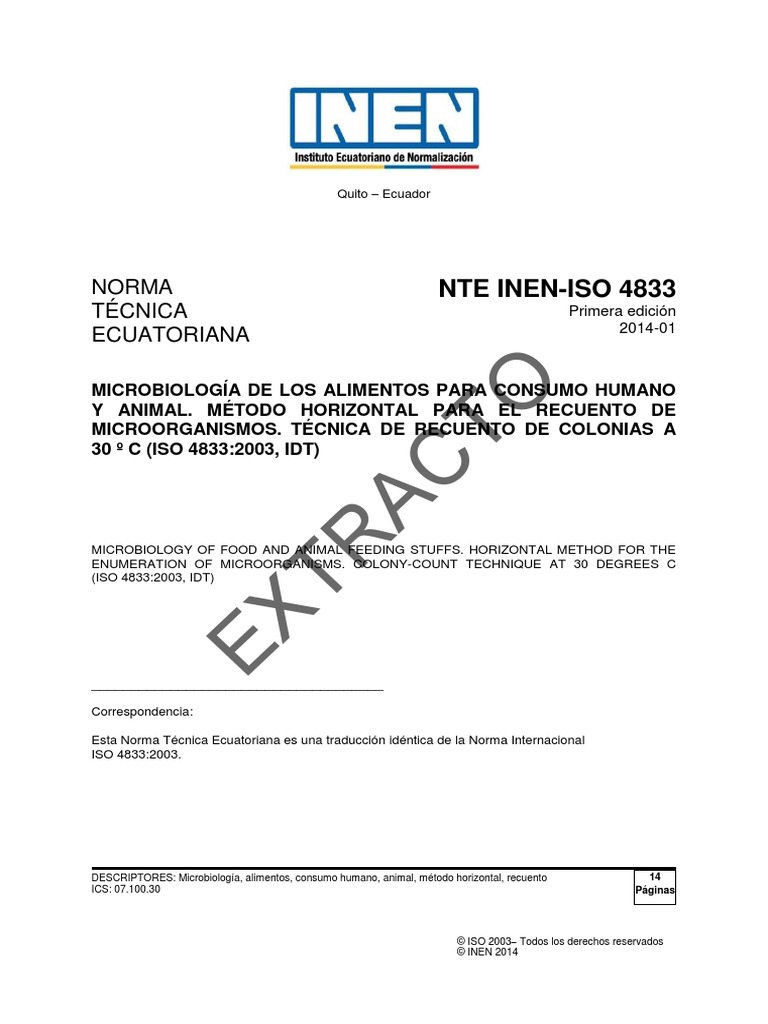 Nte Inen Iso 4833 | PDF | Alimentos | Microbiología
