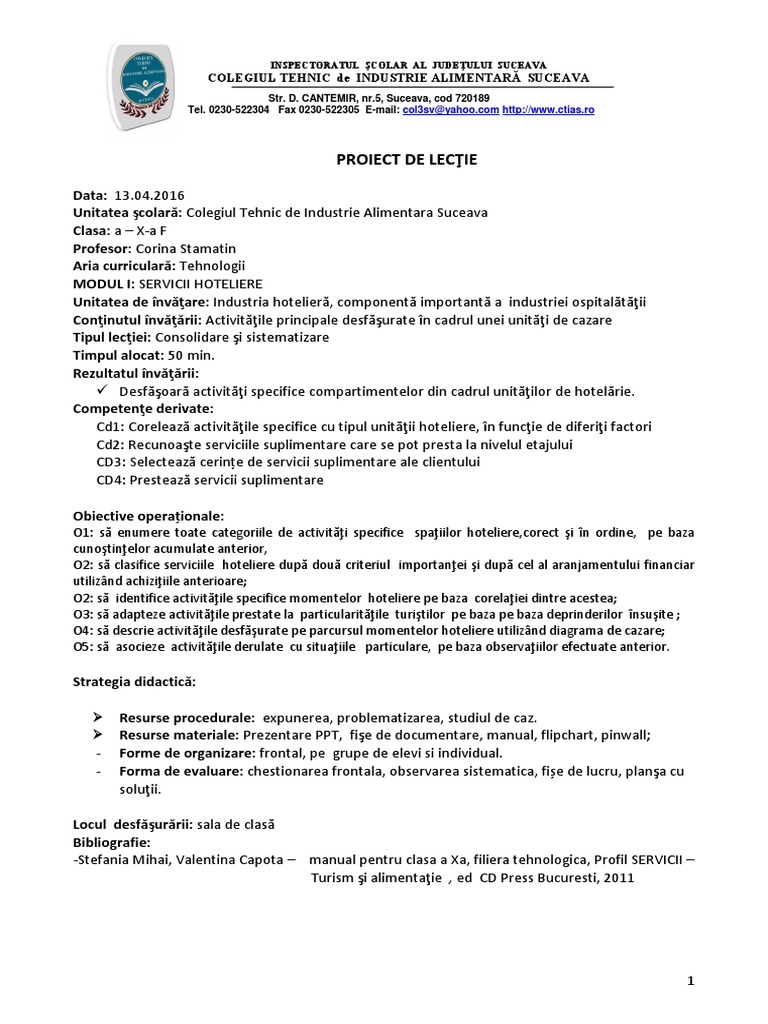 Proiect de Lectie X Serviciihoteliere Sistematizare Activitati Hoteliere PDF | PDF