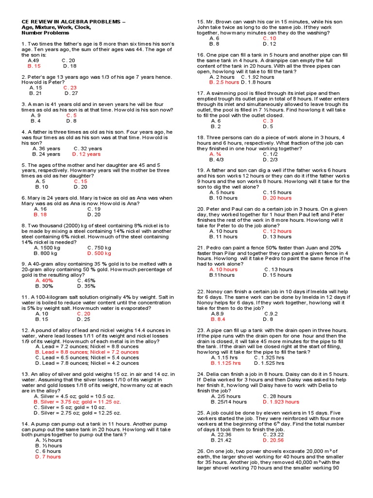 Ce Review in Algebra Problems - Age, Mixture, Work, Clock, Number ...