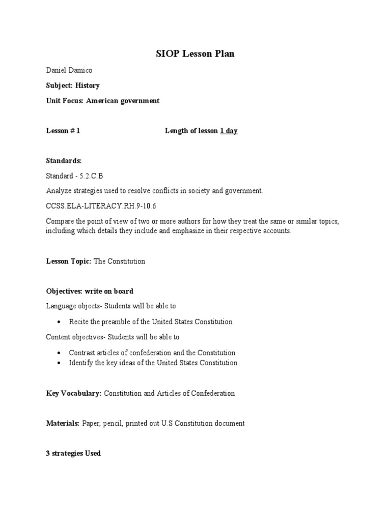 History Lesson: U.S. Constitution | PDF | Lesson Plan | Concept