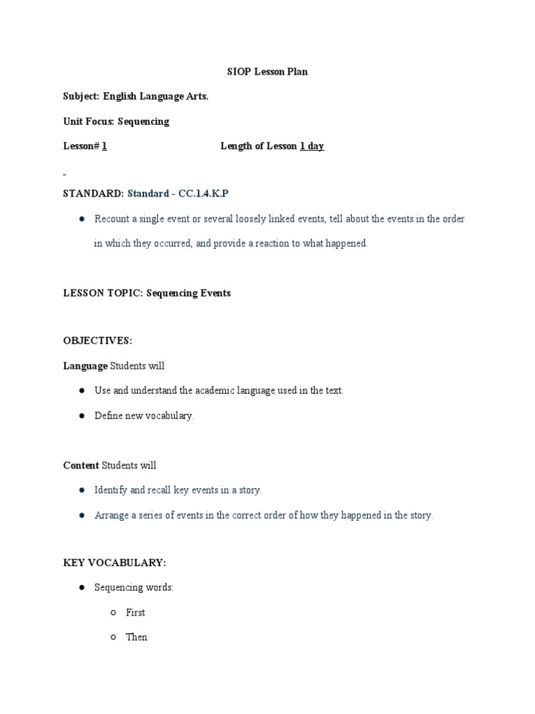 Siop Lesson Plan | PDF | Reading Comprehension | Teaching