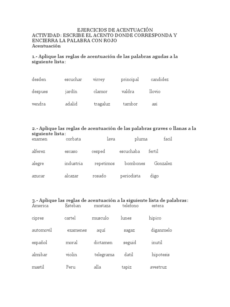 Ejercicios de Acentuación | PDF