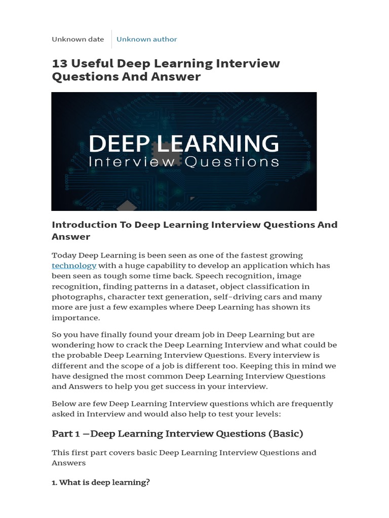 13 Useful Deep Learning Interview Questions and Answer | PDF | Deep Learning | Artificial Neural ...