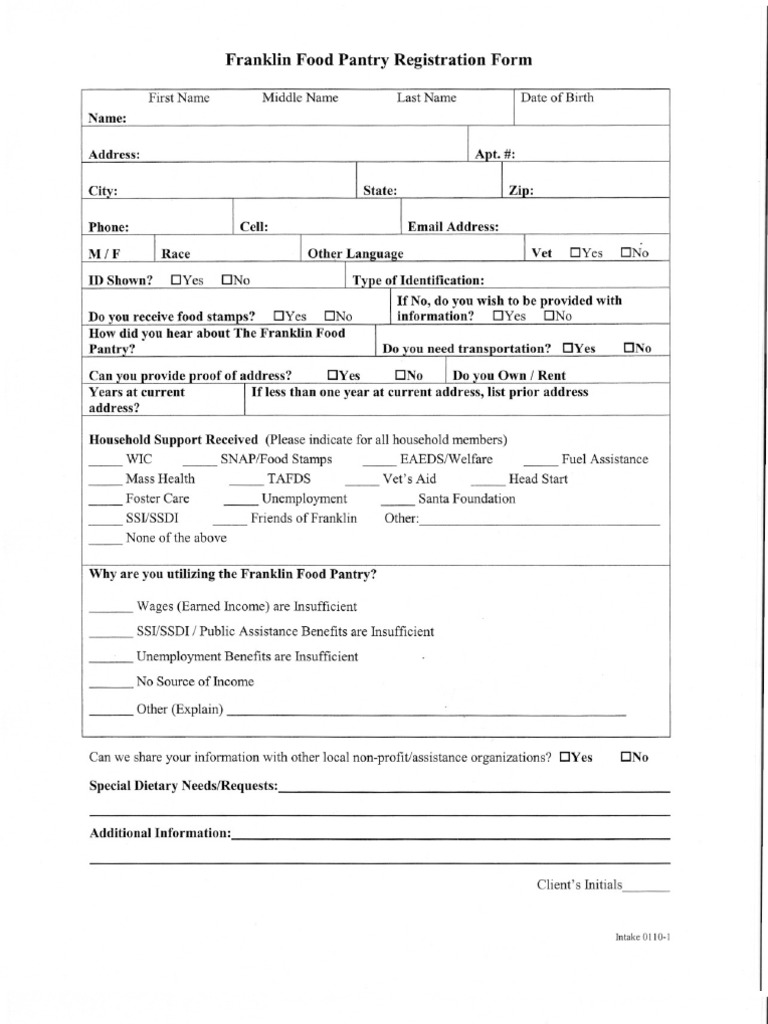 Franklin (MA) Food Pantry Application | Supplemental Nutrition ...