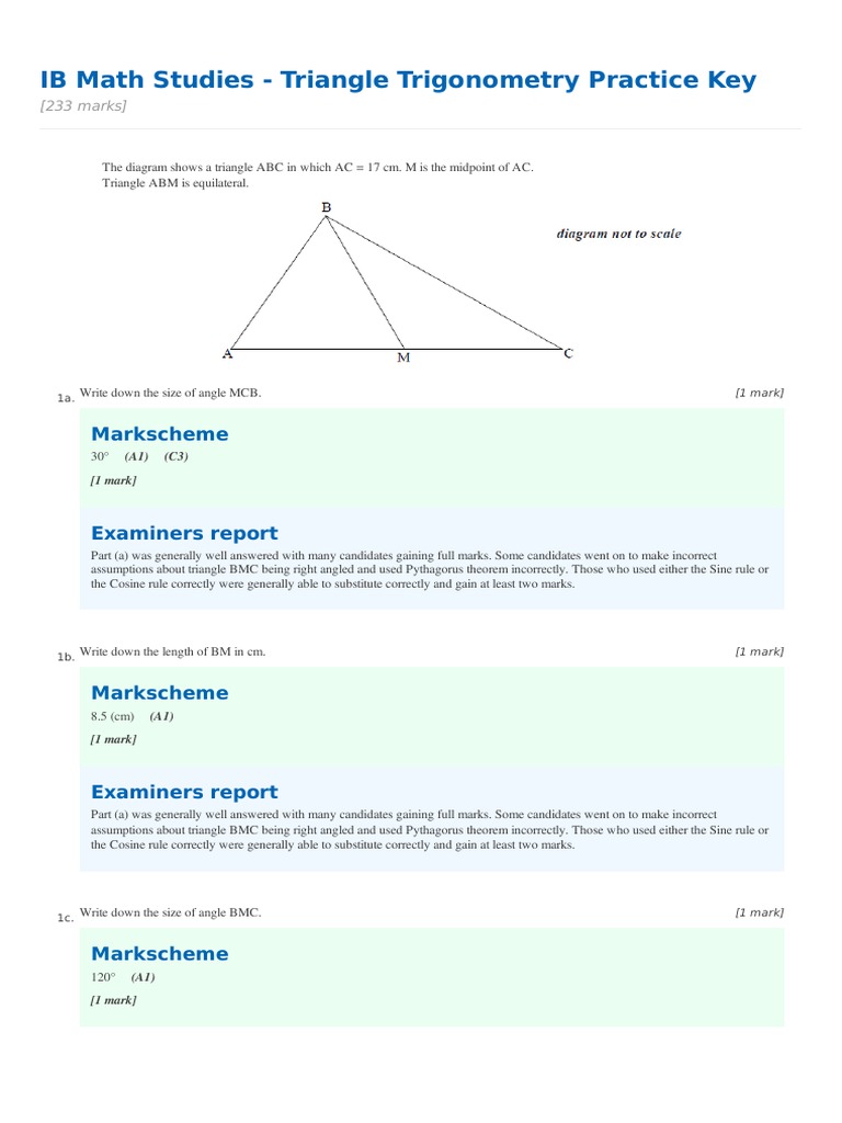 IB Math Studies - Triangle Trigonometry Practice Key: Markscheme | PDF ...