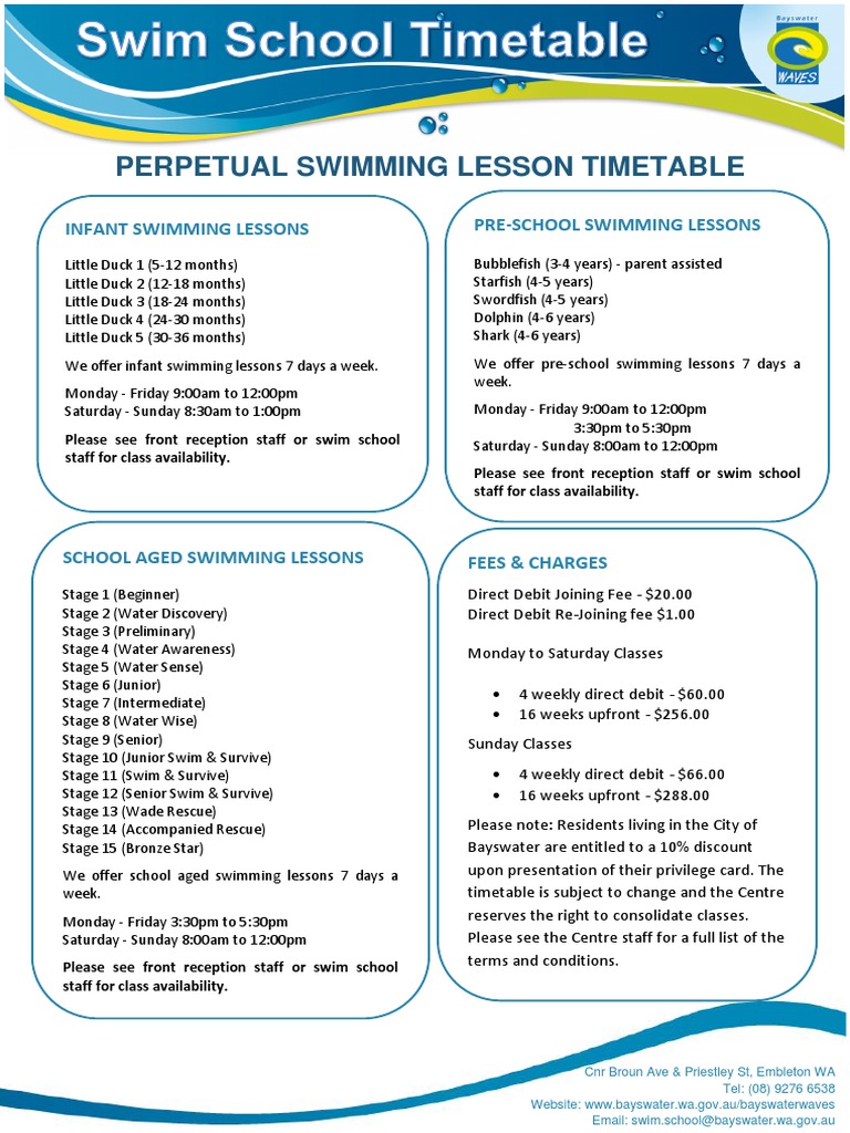 Perpetual Swimming Lesson Timetable: Infant Swimming Lessons Pre-School ...