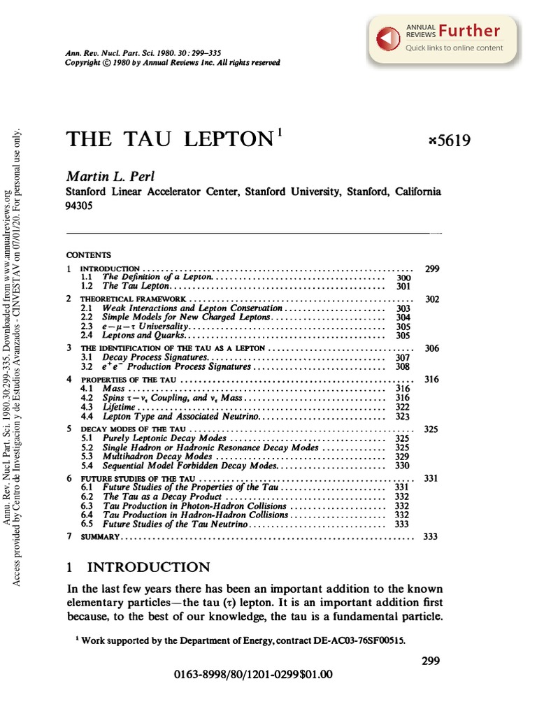 The Tau Leptonl: x5619 Martin L. Perl | PDF | Elementary Particle ...