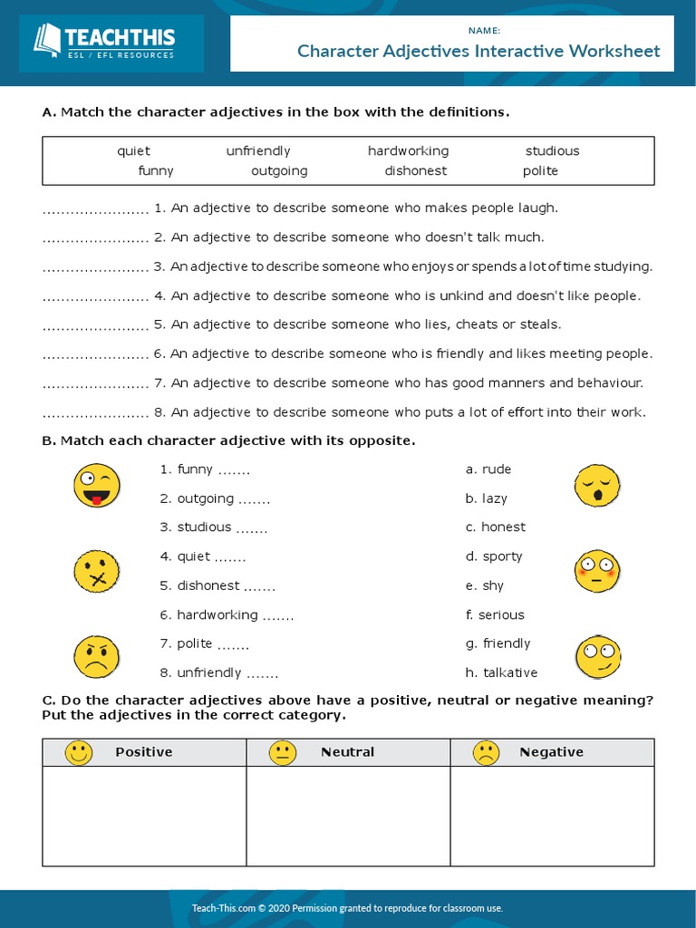 Character Adjectives Interactive Worksheet 1 PDF | PDF