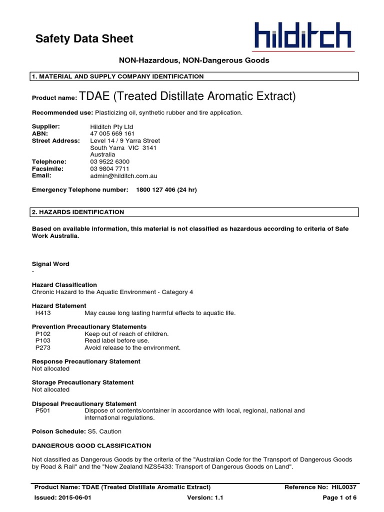 TDAE (Treated Distillate Aromatic Extract) : Safety Data Sheet | PDF ...