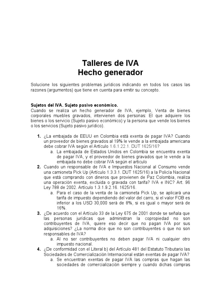 Hecho Generador. Taller 13 de Octubre de 2020 | PDF | Impuesto al valor ...