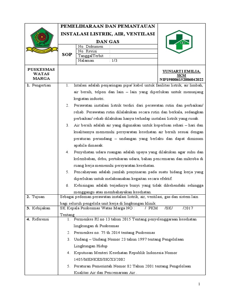 8.5.1.2 SOP Pemeliharaan Dan Pemantauan Instalasi Listrik, Air, Ventilasi, Gas, Dan Sistem Lain ...