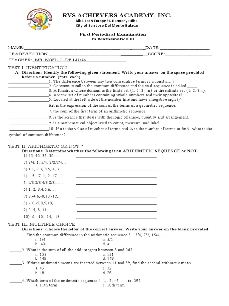 Rvs Achievers Academy, Inc.: Test I. Identification | PDF | Numbers ...