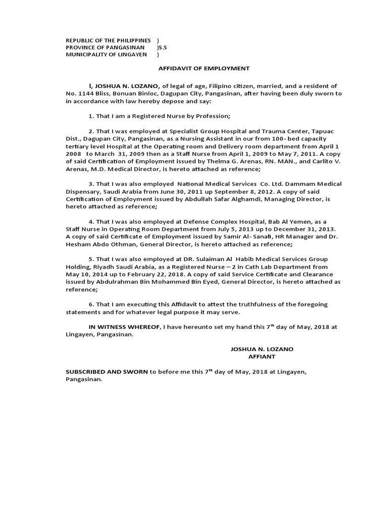 Affidavit of Employment Joshua N. Lozano | PDF